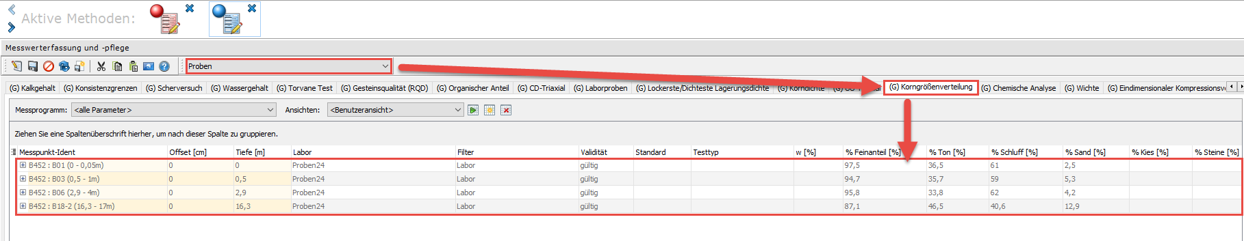 Korngrößenverteilung als Balkendiagramm darstellen – GeoDin-Support